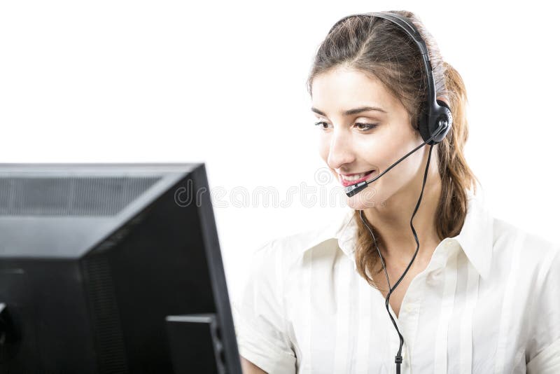 Working in Headset in Front of Computer Stock Photo - Image of contact ...