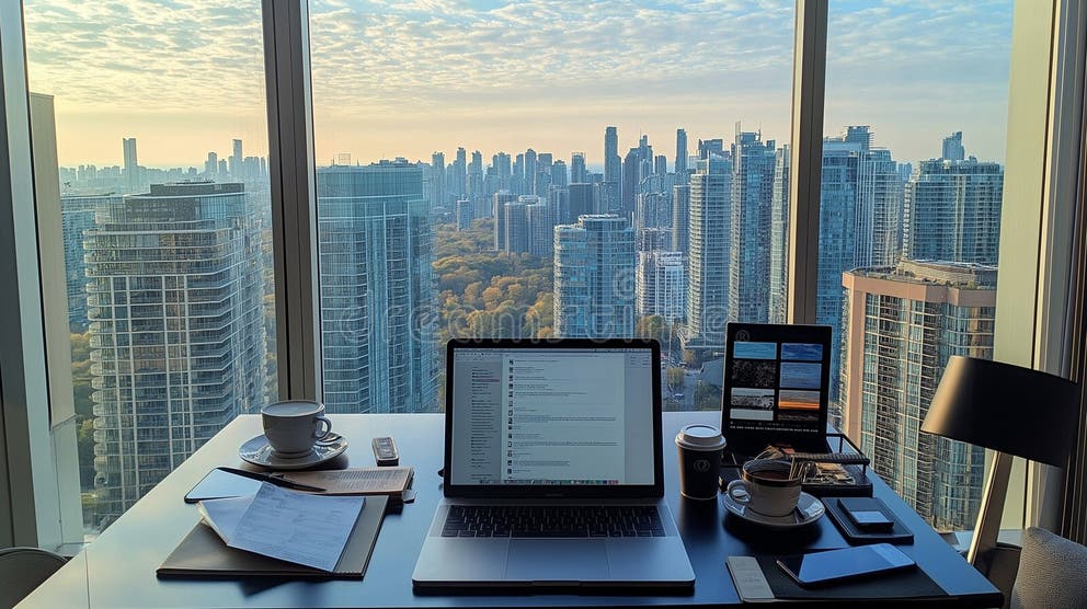 Working from a High-rise Apartment with Desk Organized with Tech ...