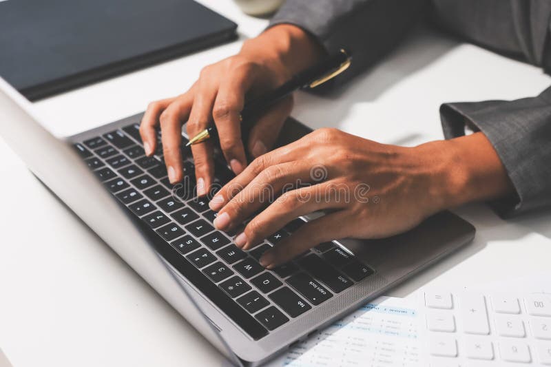 Working from Home, Closeup Business Woman Using Laptop Computer and ...