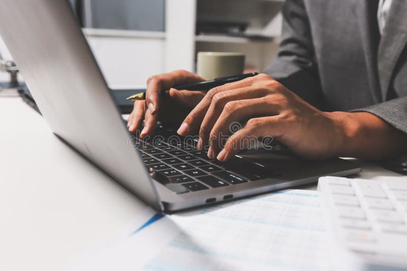 Working from Home, Closeup Business Woman Using Laptop Computer and ...
