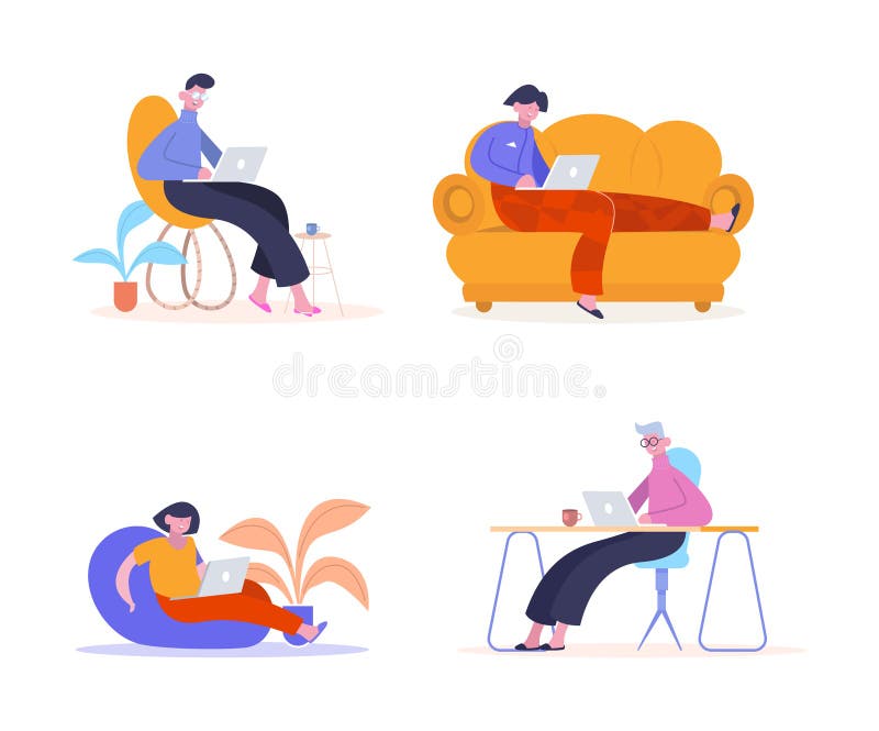 Working at Home Concept Illustration. Freelance People Work in ...