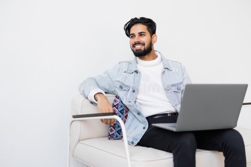 Working from Home Concept. Indian Man Using Laptop Computer. Asian Man ...