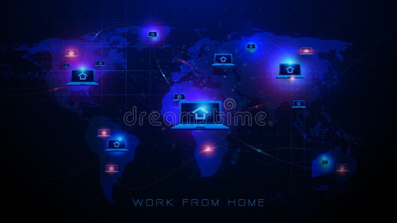 Working at Home Concept. Technology Laptop Connecting on World Maps ...