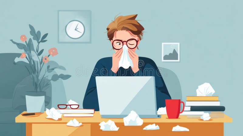 Working from Home while Feeling Unwell Amidst Scattered Tissues and a ...