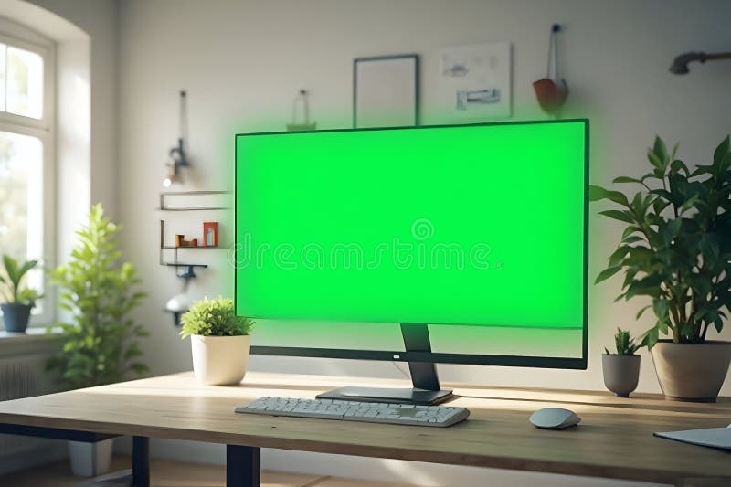 Working at Home with Green Screen on Computer in Bright Office Stock ...