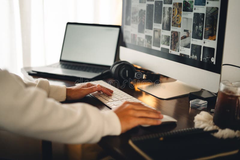 Working at Home Office Hand on Keyboard Close Up Stock Photo - Image of ...