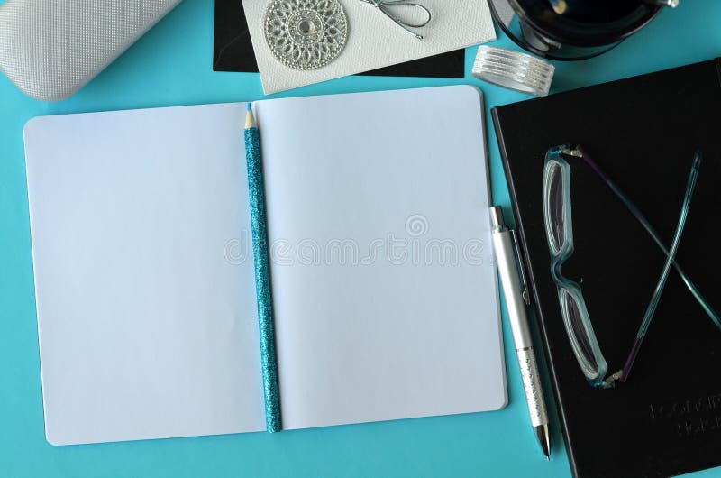 Turquoise Blue Styled Desktop with Black and White Stationery, Optical ...
