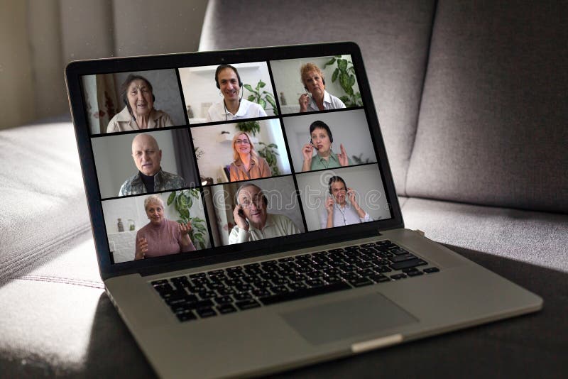 Working from Home, Online Group Videoconference on Laptop Stock Image ...