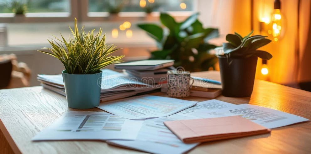 Working from Home Papers with Plants and a Warm Desk Light Setting Stock Illustration ...