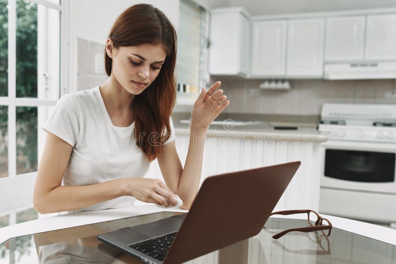 Working at Home at the Table with Laptops Freelancer Woman Stock Image ...