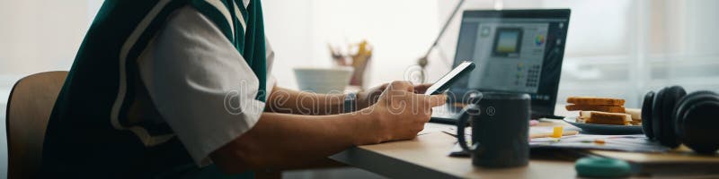 Working at Home Using Laptop and Smartphone Stock Image - Image of ...