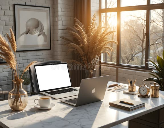 Working from Home Workspace with Laptop Computer and Warm Sunlight ...