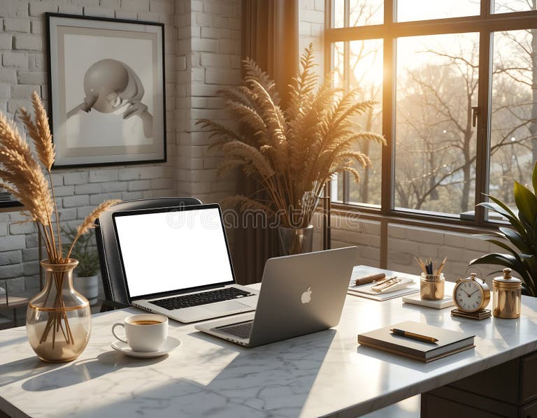 Working from Home Workspace with Laptop Computer and Warm Sunlight ...