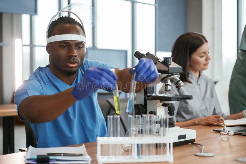 Working in a Lab with Test Tubes and Microscope. Group of Doctors are ...