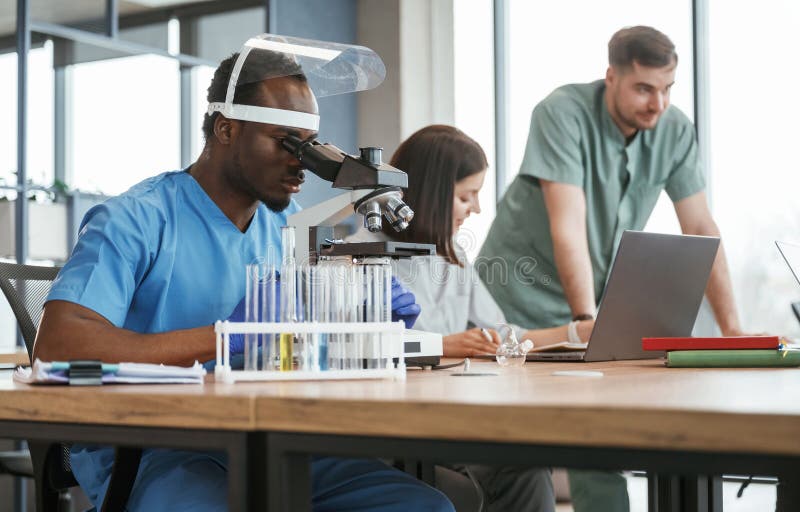 Working Lab Test Tubes Microscope Group Doctors Together Indoors Stock ...