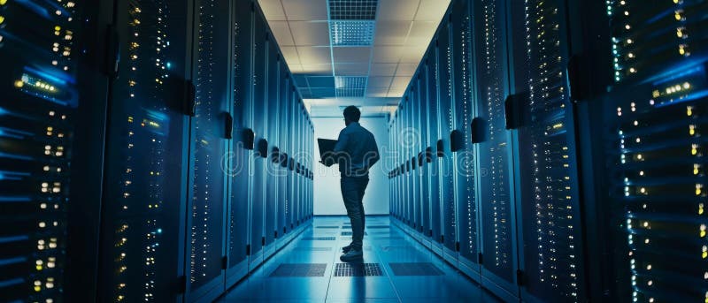 Working on a Laptop in a Big Data Center Full of Rack Servers, he Runs ...