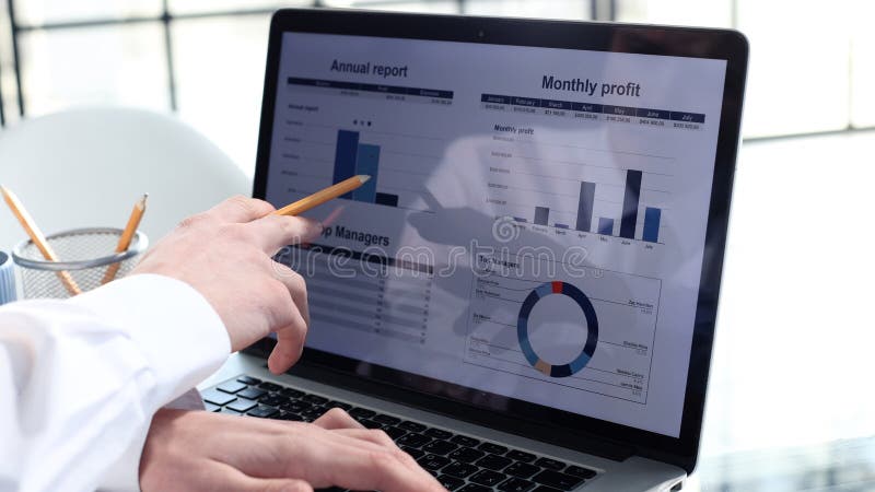 Working on a Laptop Checking the Report for the Year Stock Image ...