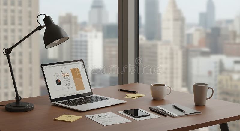 Working at Laptop on Desk with Coffee and City View Stock Illustration ...