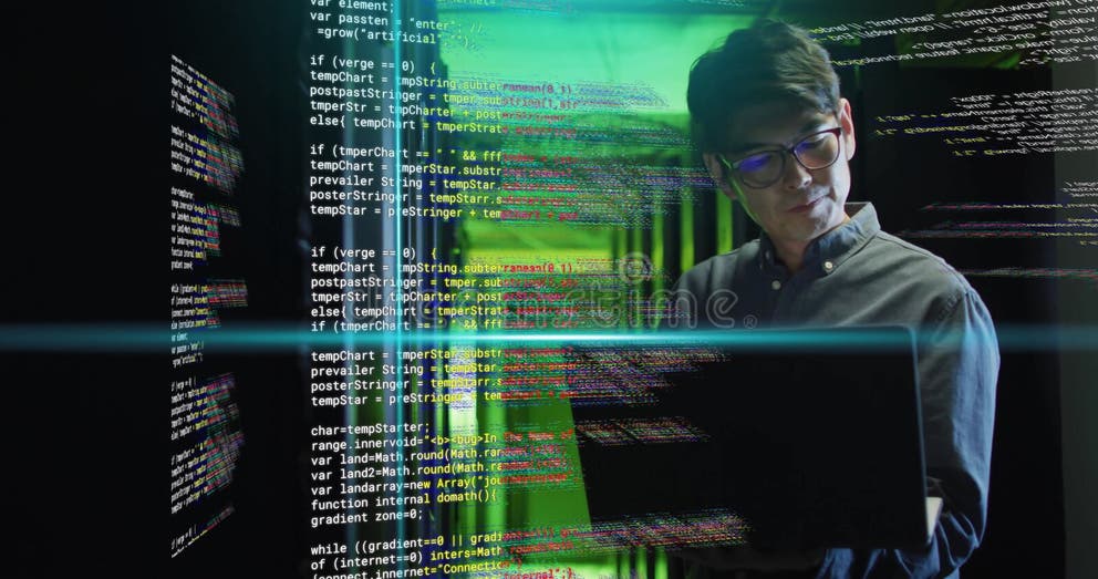 Working on Laptop, Man in Server Room with Coding Image Over Green Light Stock Image - Image of ...