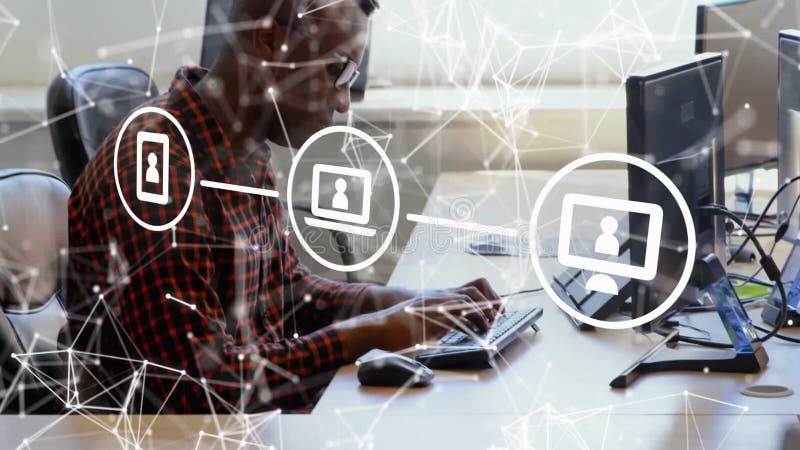 Working on Laptop, Man Using Animation for Digital Network Connections ...