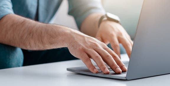 Working at Laptop Pc. Male Hands on Pc Keyboard, Typing Text or ...