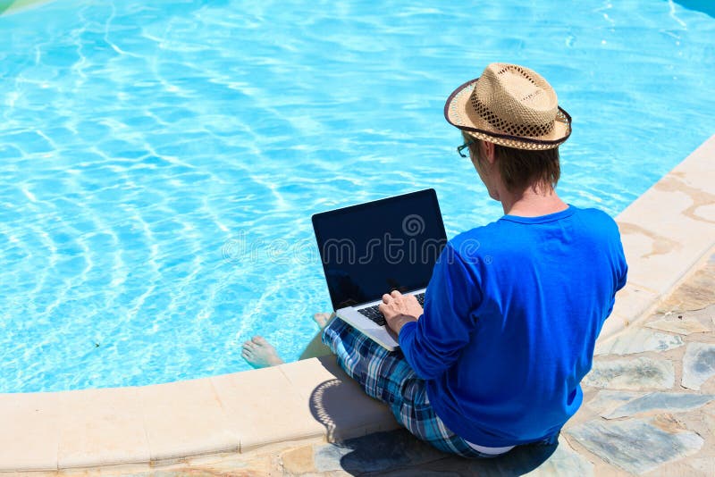 Working on Laptop at the Pool Stock Image - Image of bathing, mail ...