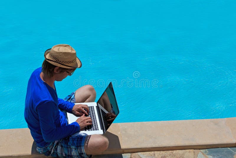 Working on Laptop at the Pool Stock Photo - Image of relax, bath: 33828554