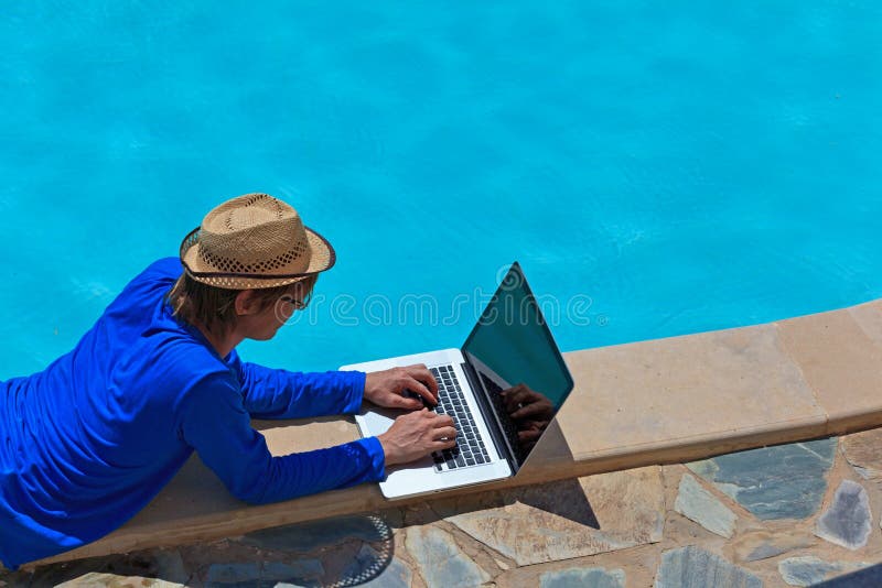 Working on Laptop at the Pool Stock Photo - Image of portable, hotel ...