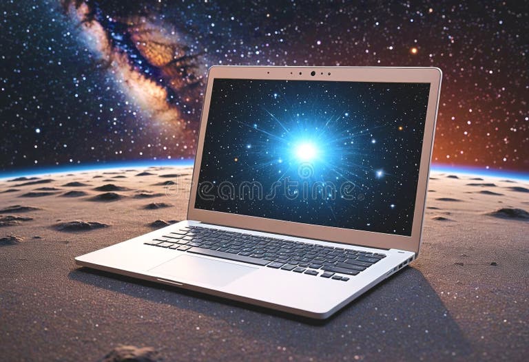 Working Laptop with Space for Text on the Surface of a Space Planet ...