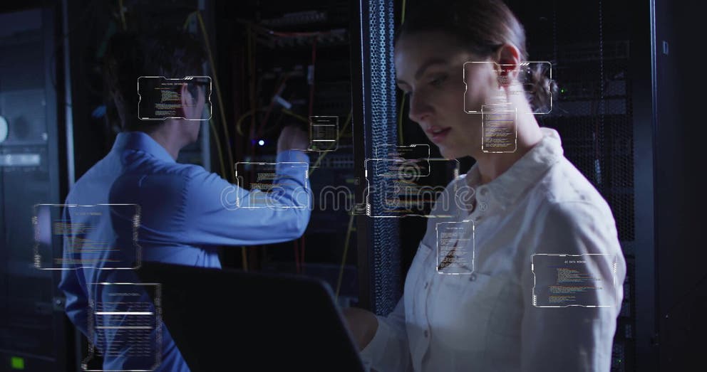Working on Laptop, Woman with Code Snippets Over Data Center Background ...