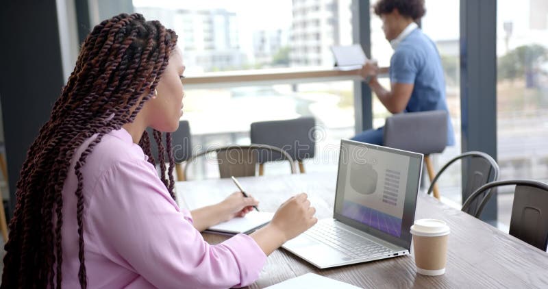 Working on Laptop, Woman Taking Notes in Modern Office with Coffee Cup ...