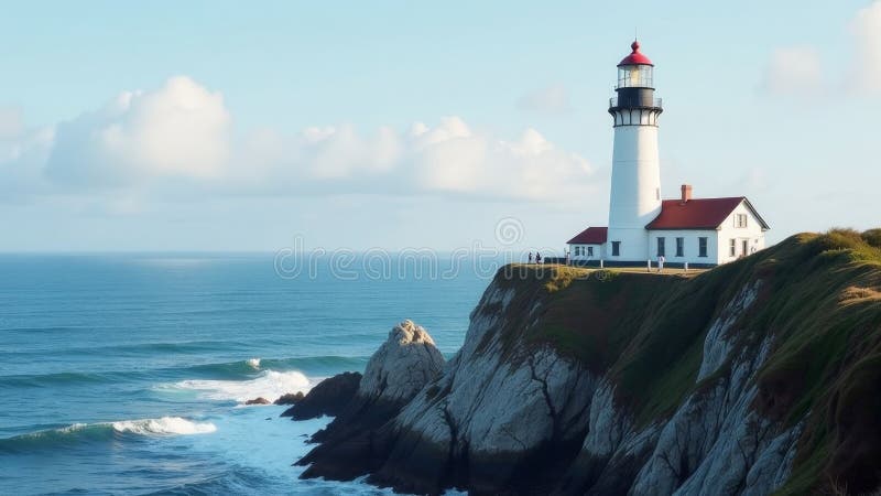 A Working Lighthouse Stands on the Edge of a Cliff Near the Seashore ...