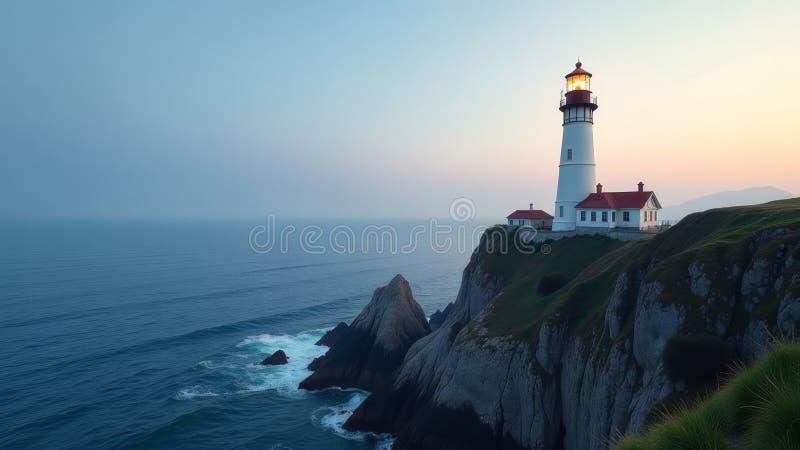 A Working Lighthouse Stands on the Edge of a Cliff Near the Seashore ...