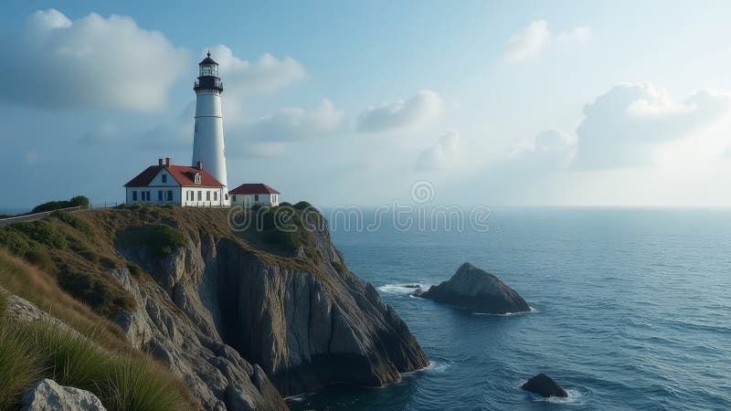 A Working Lighthouse Stands on the Edge of a Cliff Near the Seashore ...