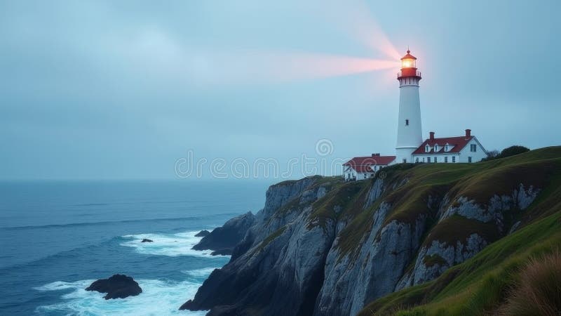 A Working Lighthouse Stands on the Edge of a Cliff Near the Seashore ...