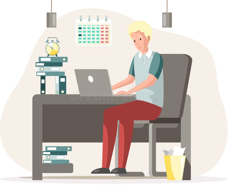 Working Male Character Employee in Office Sitting at Table with ...