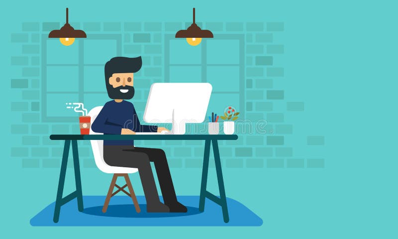 Working Man with Computer on the Desk. Stock Vector - Illustration of ...