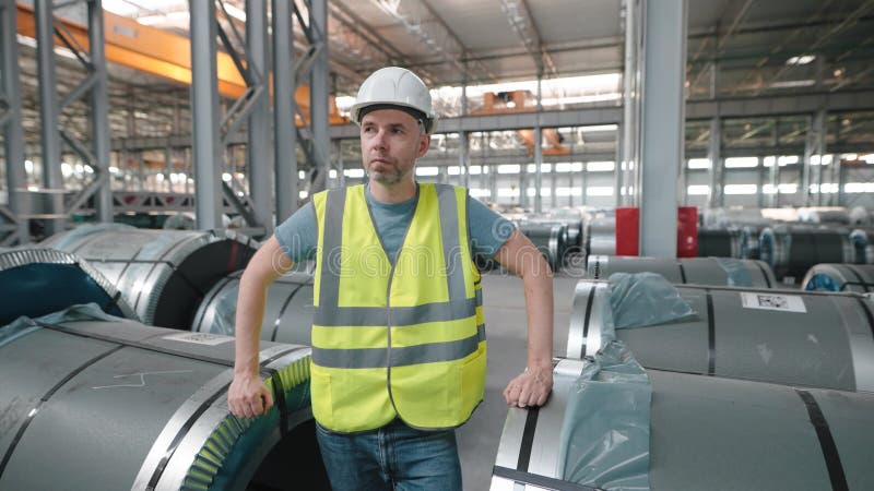 A Working Man in a Rolled Metal Warehouse. a Man in Overalls and a ...