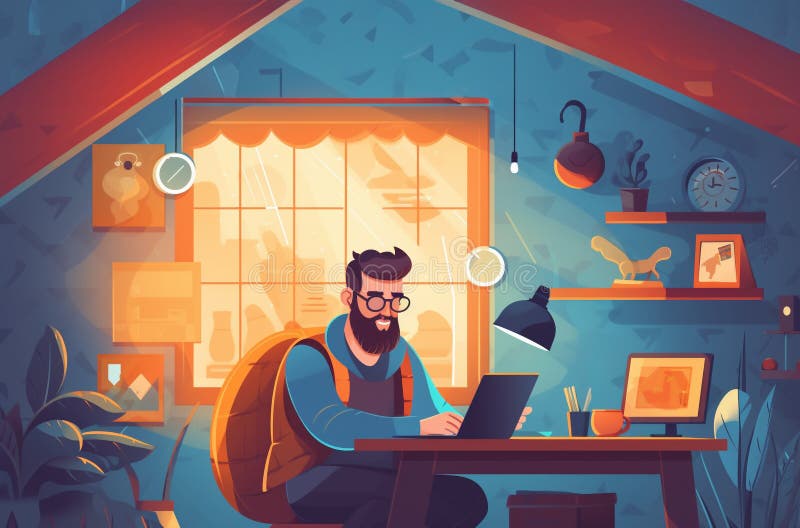 Working Man Sitting at a Table in the Room through the Network on a ...