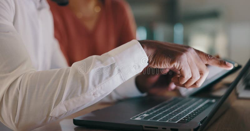 Working, Manager and Hand at Laptop with Mentor, Teamwork and ...