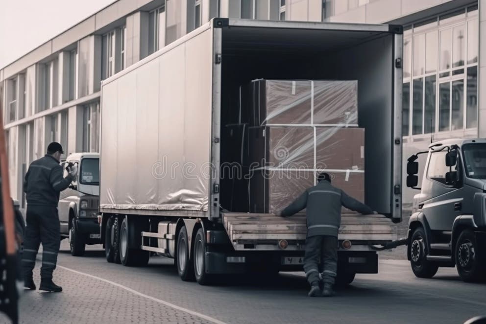 Working Men Unloading and Loading Cardboard Boxes Stock Illustration ...