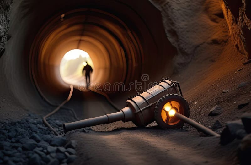 A Working Miner Walks in a Coal Mine Tunnel, a Broken Drill for ...