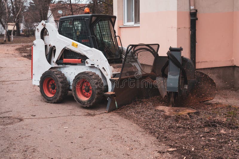 Working Mobile Machine for Cutting Wood Tree Stump Stock Image - Image ...