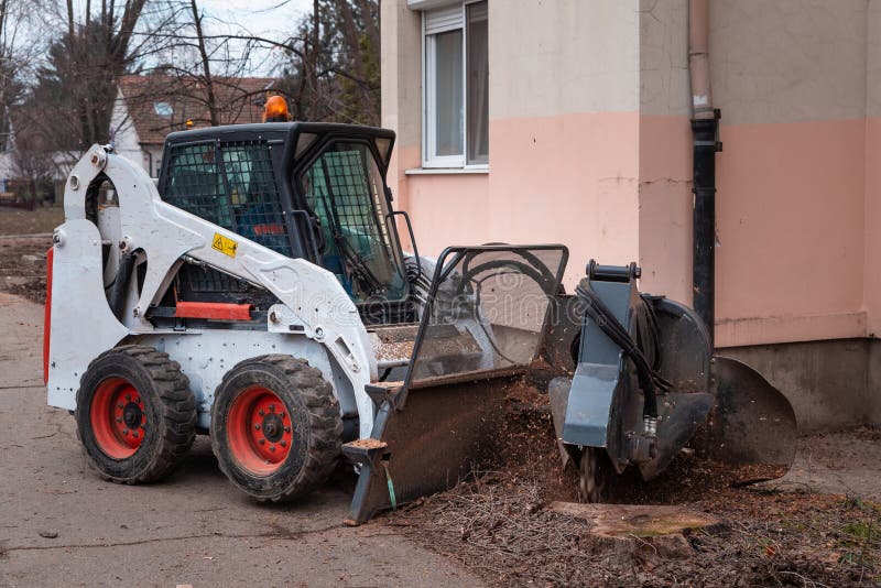 Working Mobile Machine for Cutting Wood Tree Stump Stock Photo - Image ...