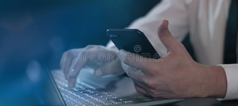 Working with Mobile Phone and Laptop Computer. Stock Photo - Image of ...
