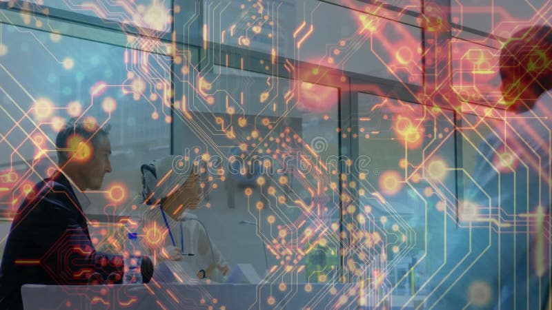 Working in Modern Office, People with Circuitry Animation Overlaying ...