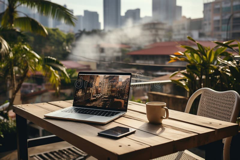Working at Morning in Balcony. AI Generated Stock Illustration ...