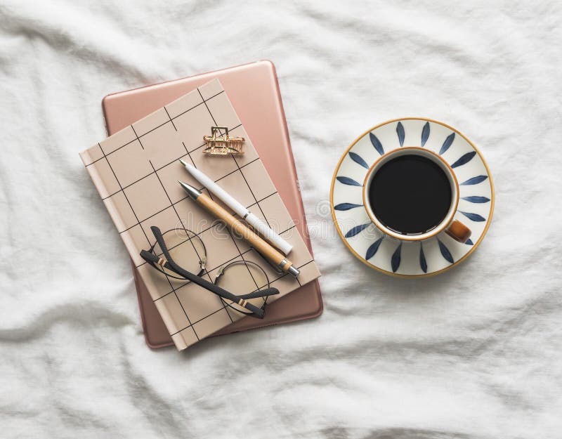Working Morning in Bed - Tablet, Diary and Cup of Coffee on White ...
