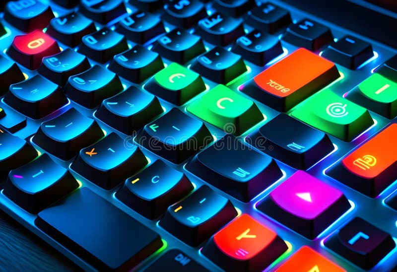 Working on a Neon Computer Keyboard with Colored Backlighting Stock ...