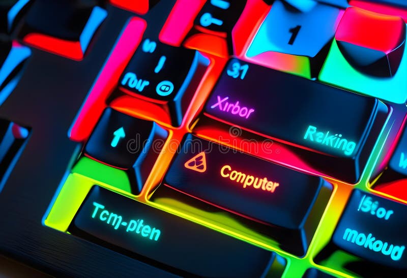 Working on a Neon Computer Keyboard with Colored Backlighting Stock ...